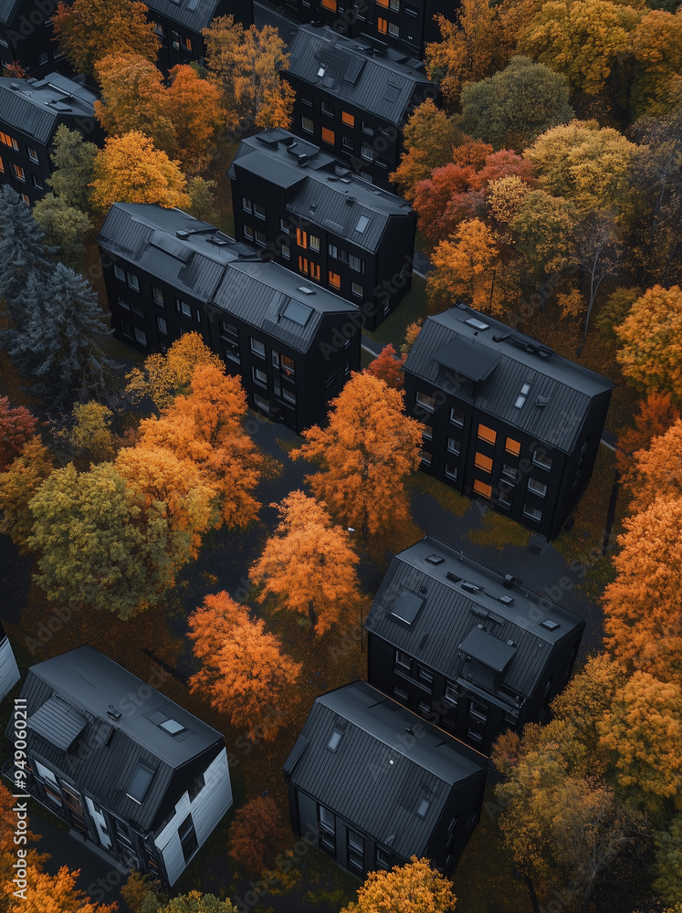 An aerial view captures autumn forest with black wooden buildings and ...
