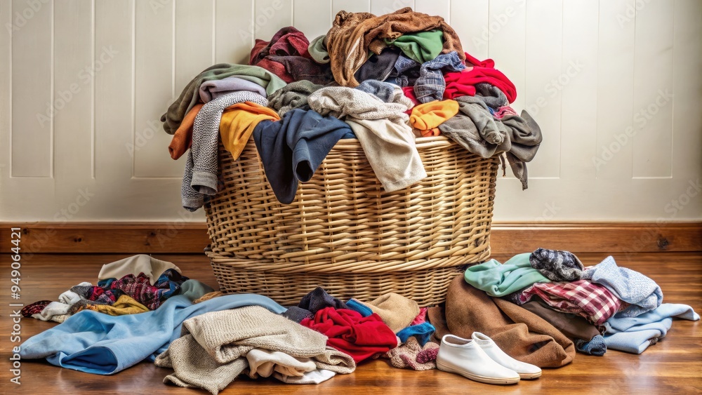 Mound of worn, stained, and tired garments overflowing from a wicker ...