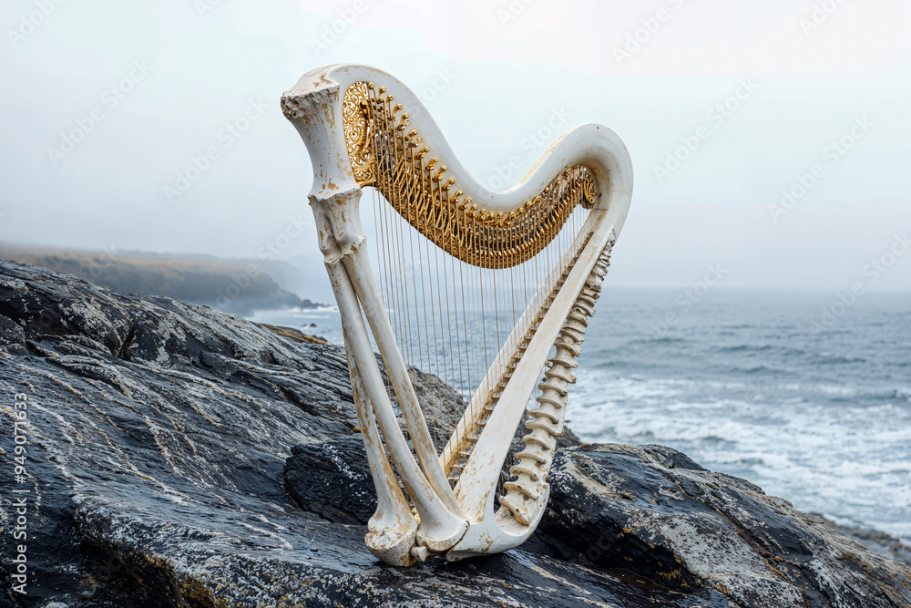Harp made of bone on rocky ocean cliff, singing bone folklore fairy ...