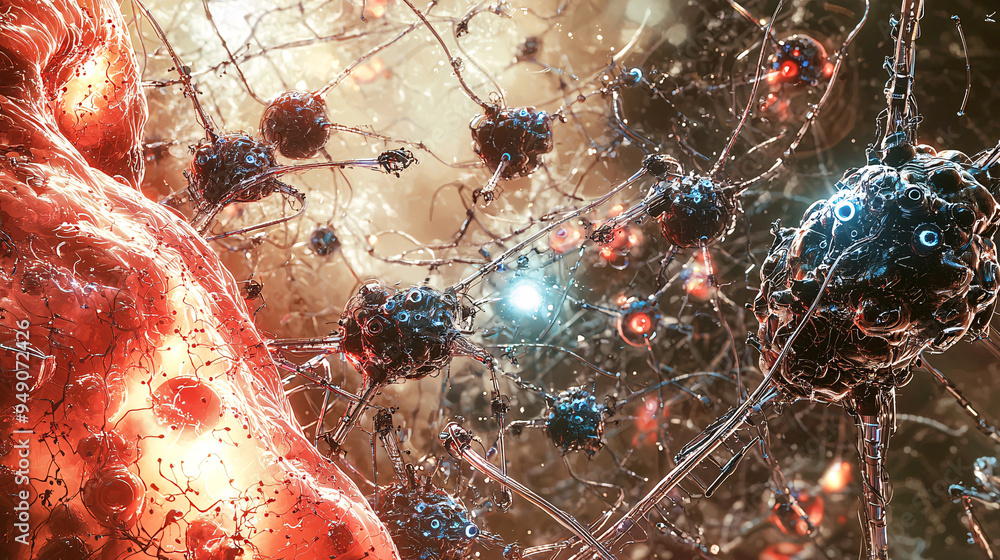 Nano-robots, CGI image: A computer-generated image of a swarm of nano ...