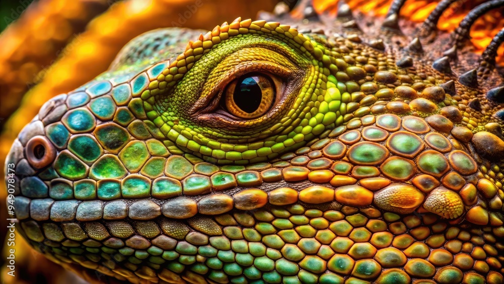 Vibrant, intricate scales on a reptile's skin, captured in extreme ...