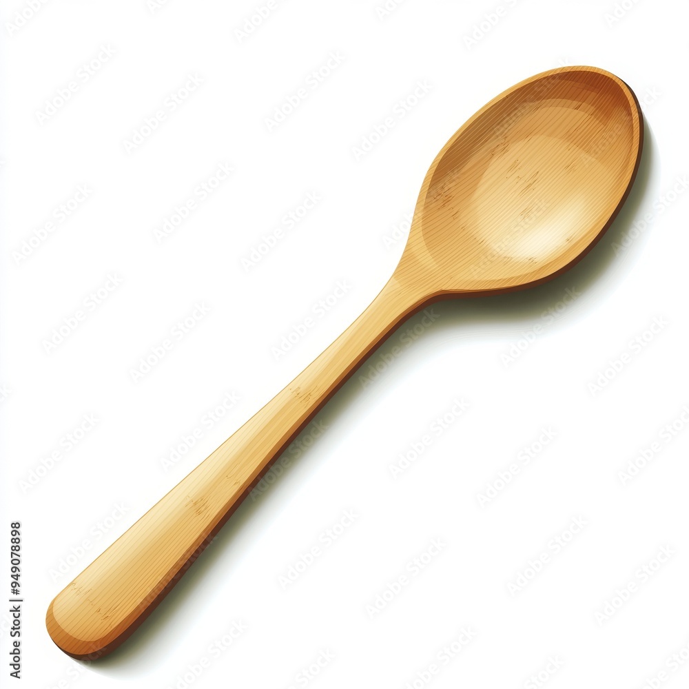 Wooden spoon on white background. It is long and thin, with a curved ...