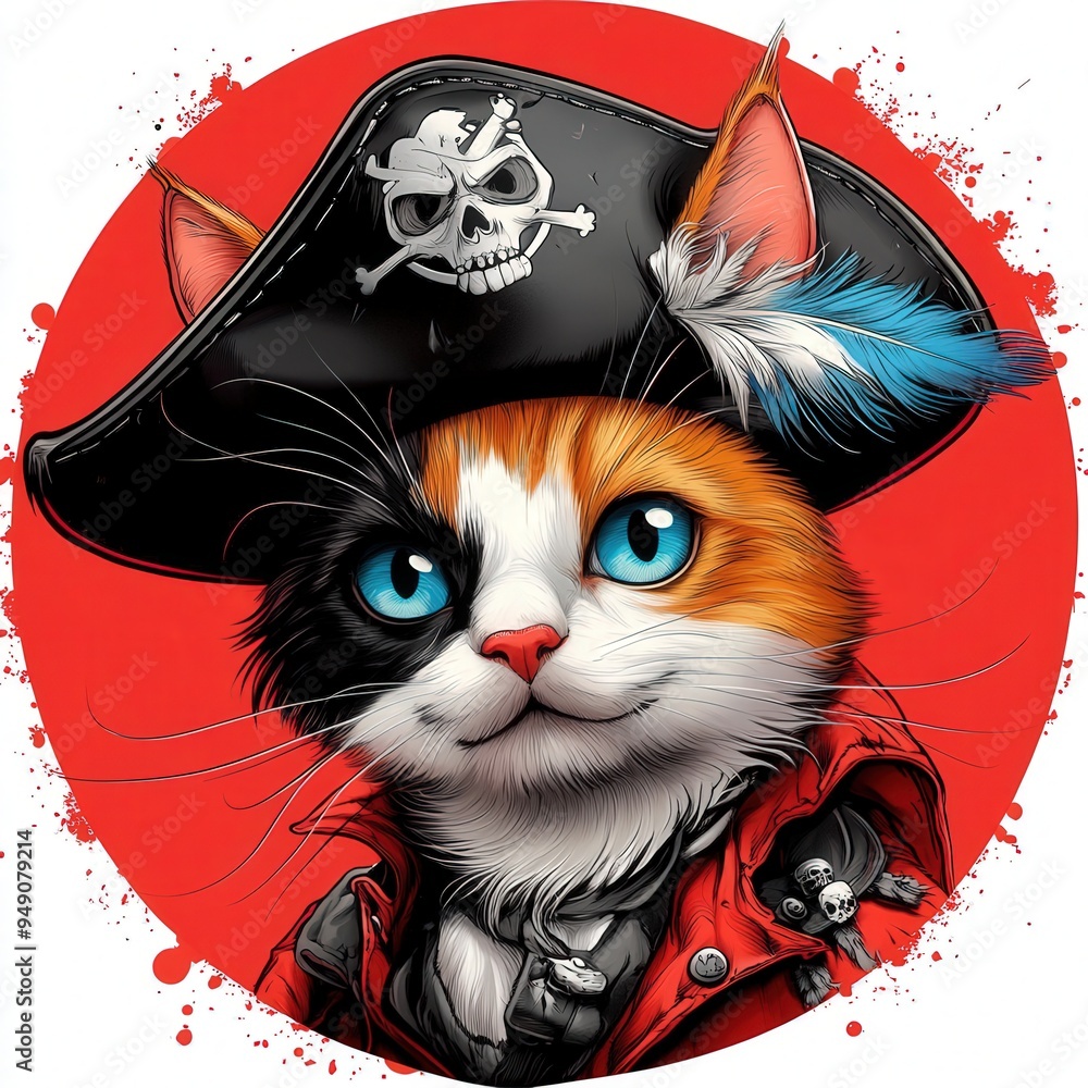 orange and white calico cat as a pirate in a circle frame game portrait ...