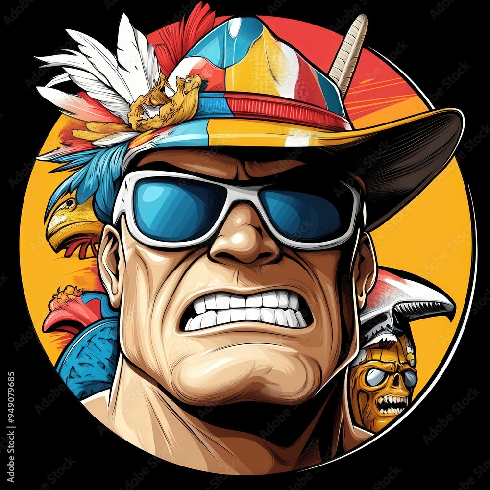 surfer dude hat sunglasses tiki lion ninja sword fighter, in a circle ...