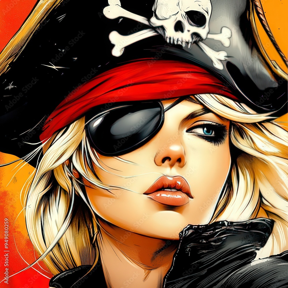female pirate in a circle frame game portrait, cartoon gaming or social ...