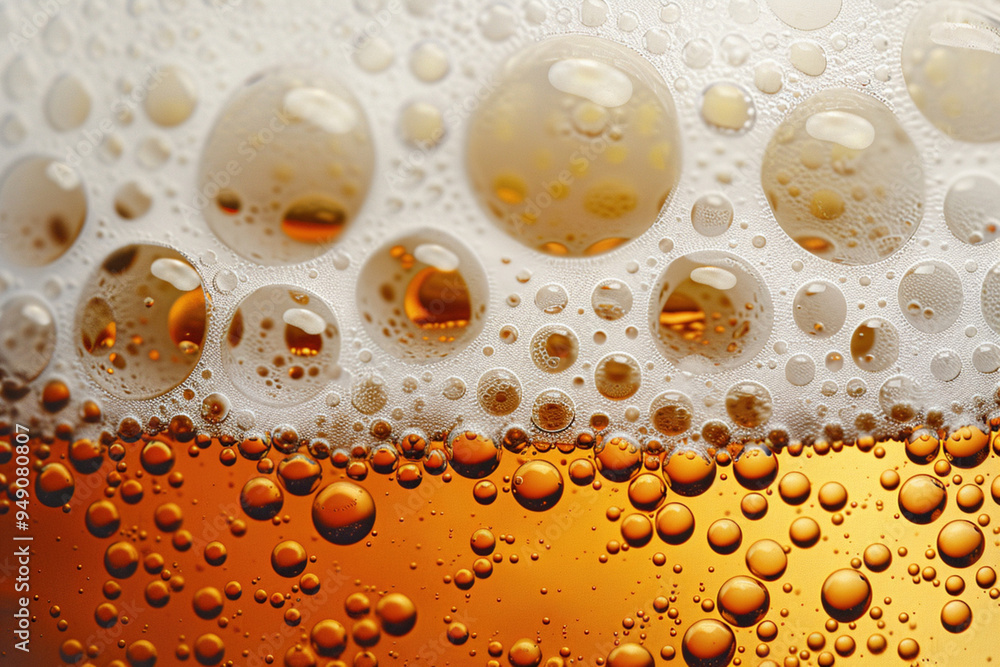 Close-up pouring lager light beer with bubble froth in glass for ...