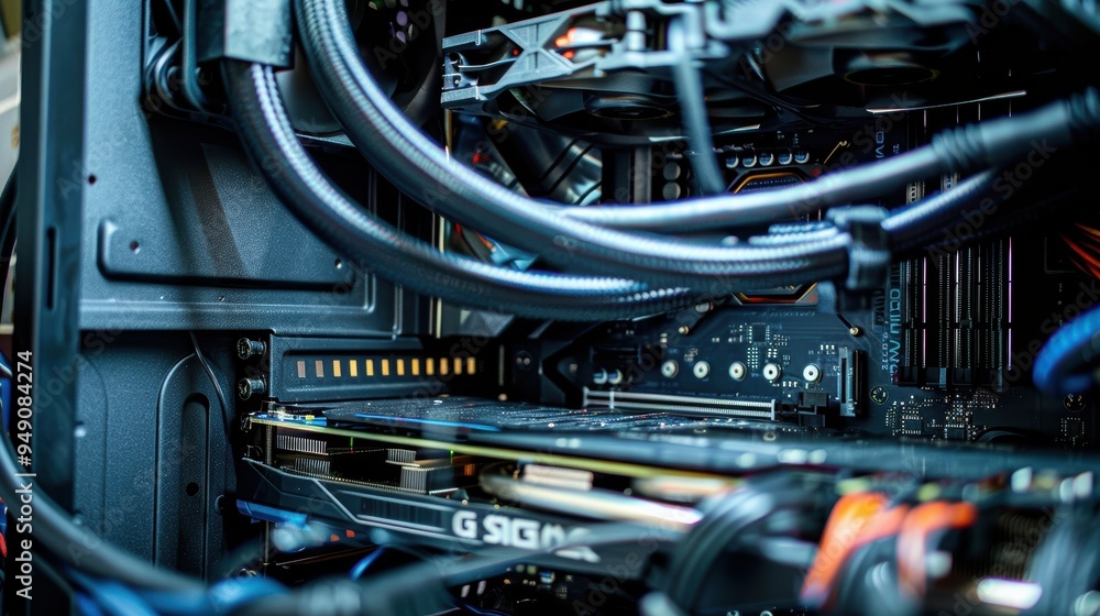Modern gaming pc showing gpu, cpu cooler, ram, and other components ...