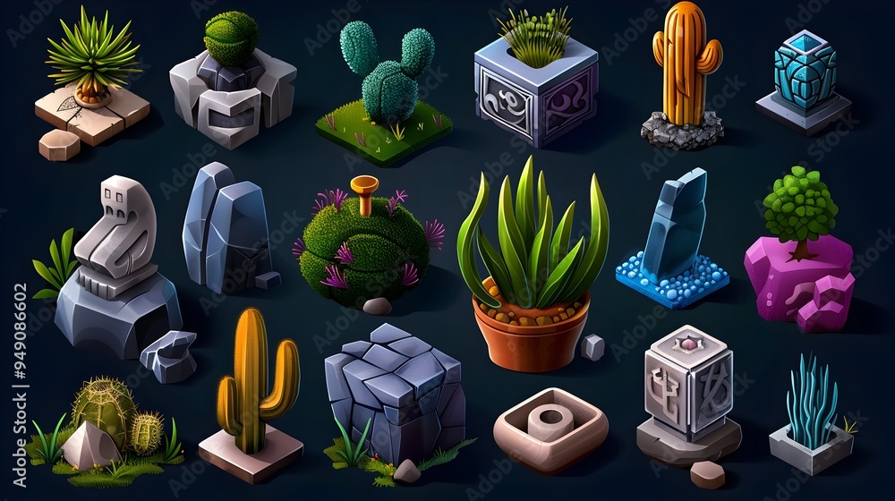 Isometric Pixel Art Tile Set for Retro Game Design Elements in Digital ...