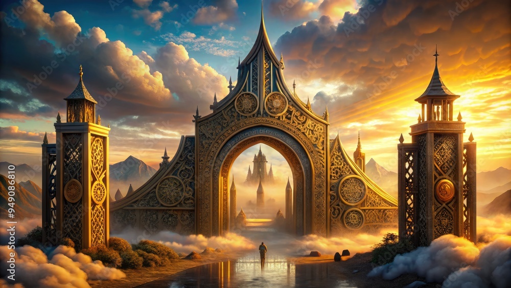 Majestic golden gates of Asgard's great hall emerge from misty clouds ...