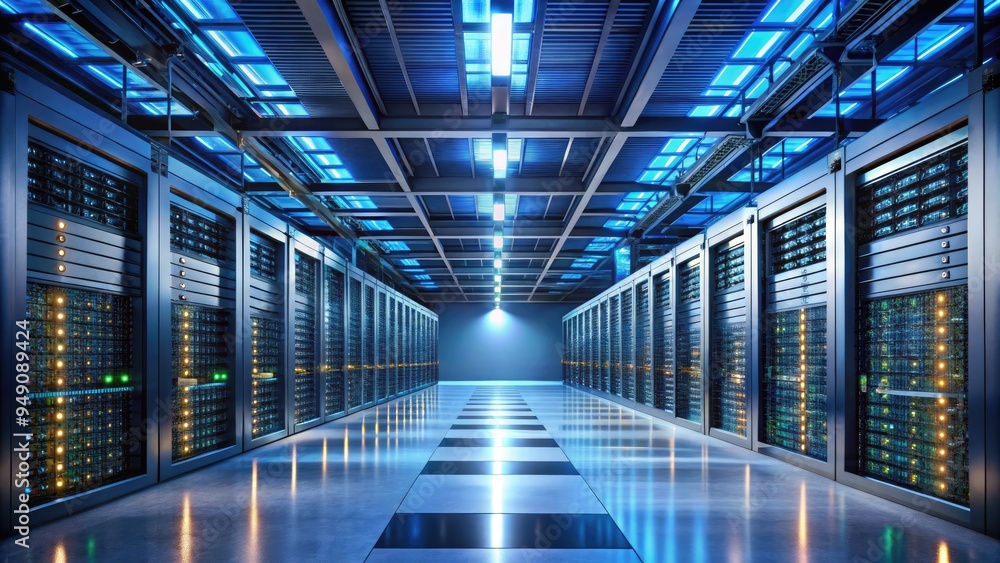 Modern data center interior with rows of sleek, humming servers and ...