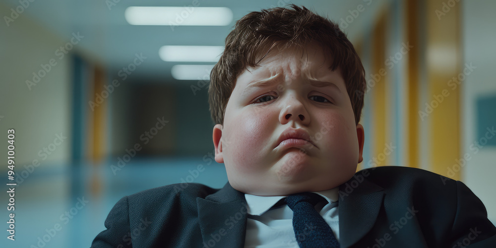 Sad fat boy child in school uniform on the background of empty school ...