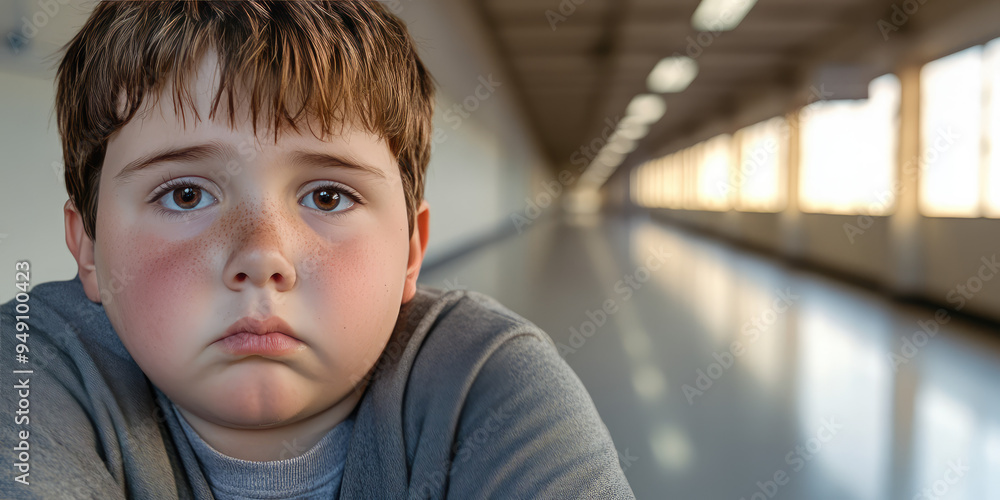 Sad fat boy child in school uniform on the background of empty school ...