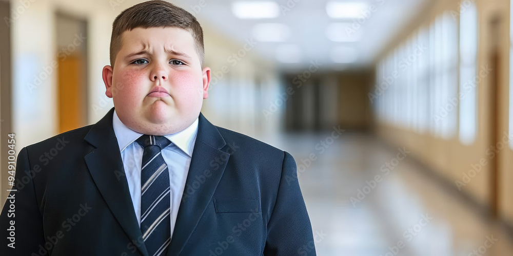 Sad fat boy child in school uniform on the background of empty school ...