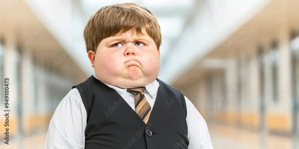 Sad fat boy child in school uniform on the background of empty school ...