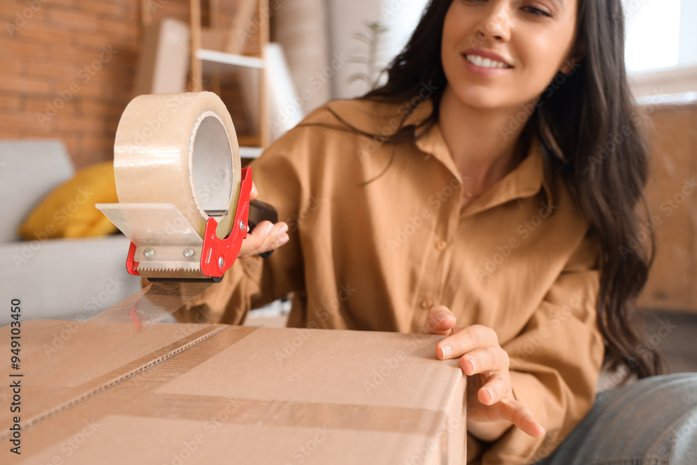 Beautiful woman taping box in room on moving day, closeup Stock Photo ...