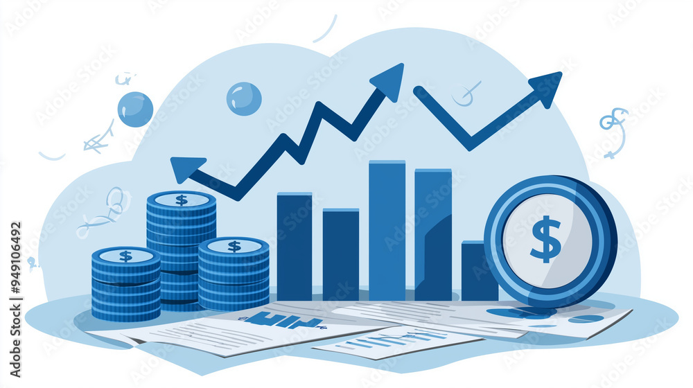 Isometric illustration of blue arrows rising, coins, and graphs on ...