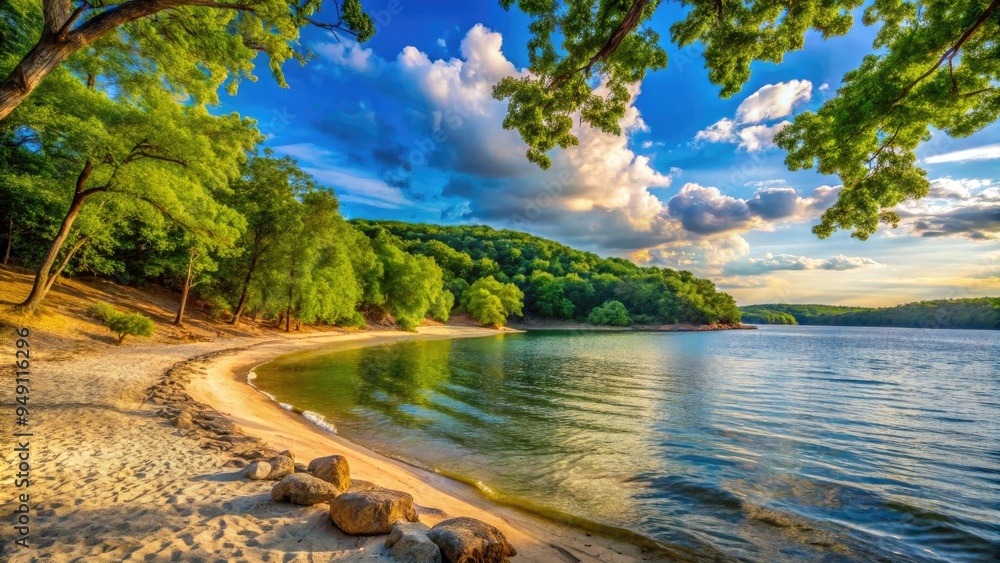 Sun-kissed sand and pebbled shores stretch along the tranquil Lake of ...