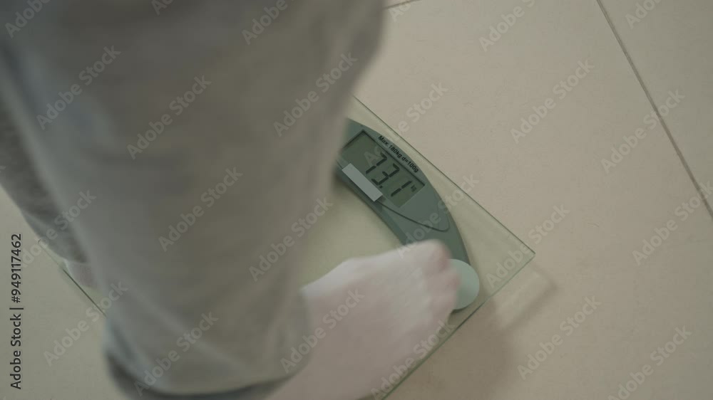 Close up male man legs feet stepping on floor scales measure kilograms ...