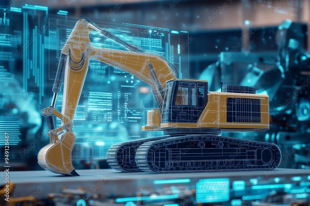 Excavator Blueprint in Digital Landscape: A yellow excavator model ...