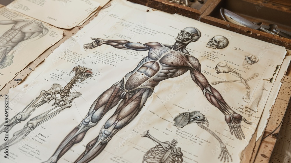 Vintage anatomical illustrations on aged paper. Detailed muscular ...