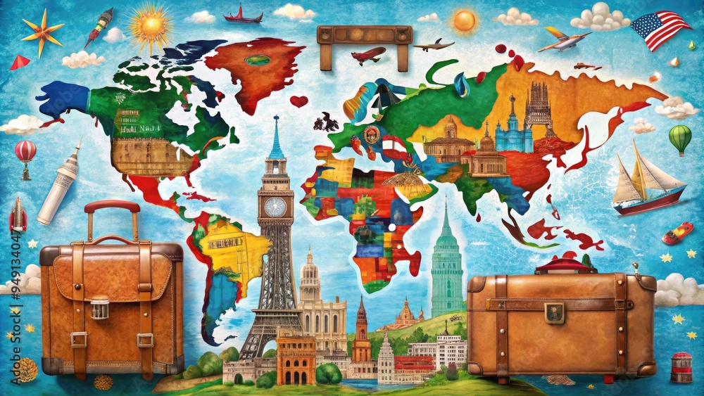 Vibrant illustration of a stylized world map with iconic landmarks and ...