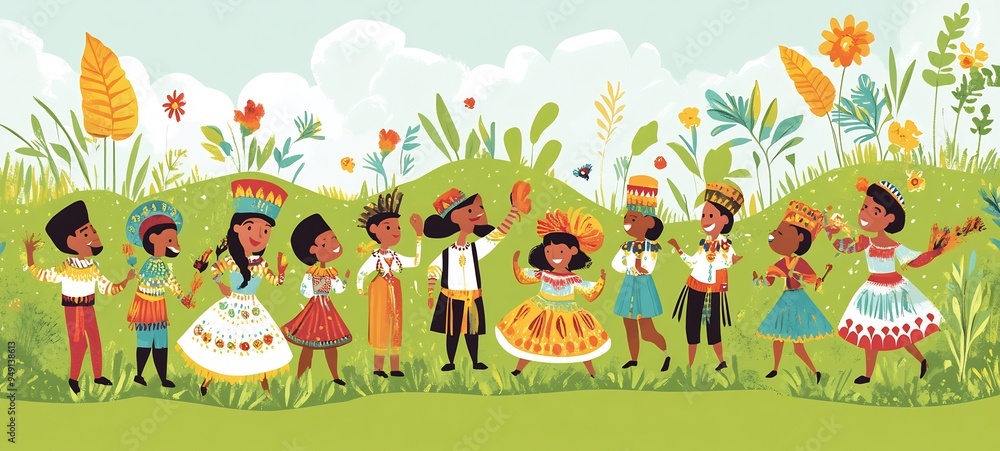 Vector of a cultural celebration with traditional costumes music and ...