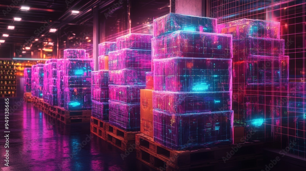 A pallet filled with assorted seasonal items wrapped in holographic ...