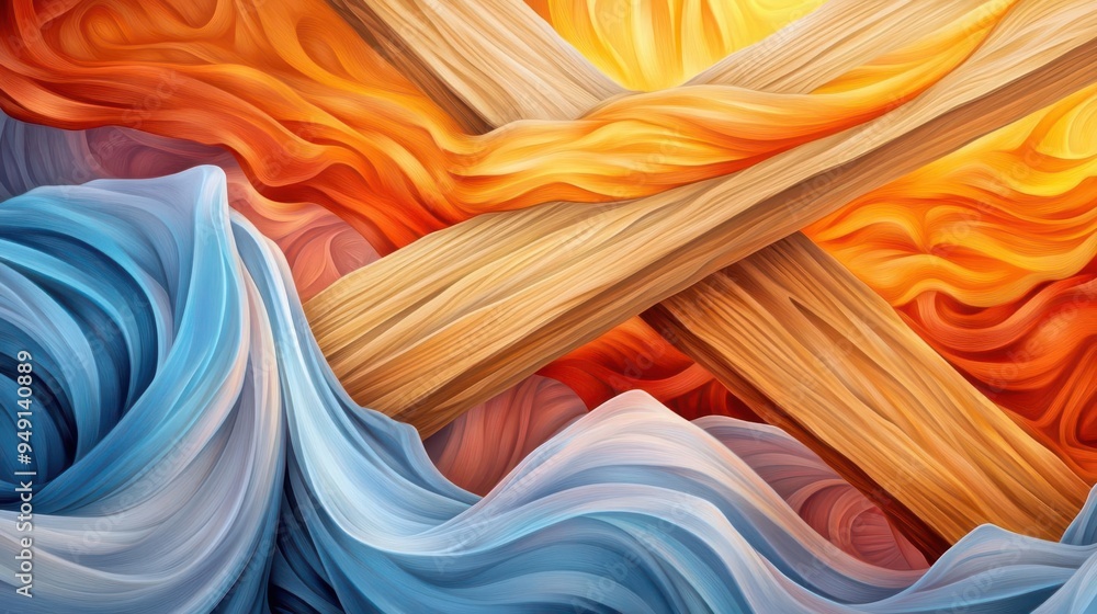 Abstract fusion of wooden beams and molten steel, blending into a ...