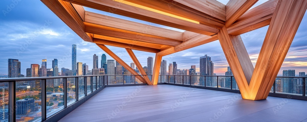 Urban rooftop with exposed wooden beams and steel railings, city ...