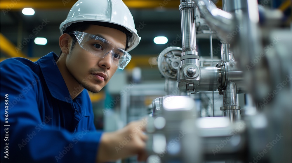 Engineer wearing ้helmet and safety glasses is intently inspecting the ...
