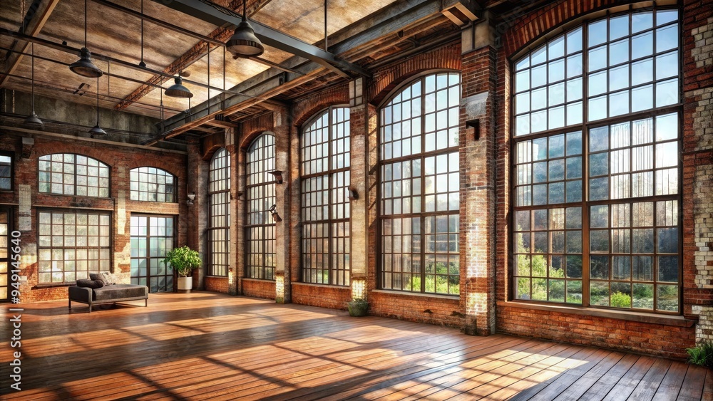 Vintage industrial loft interior featuring old wooden beams, brick ...