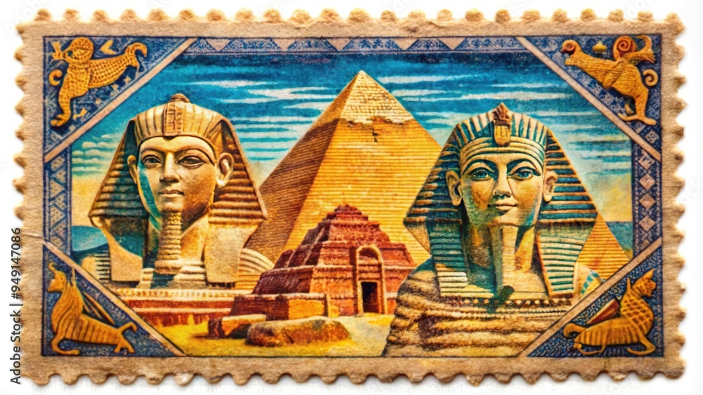 Vintage postage stamp featuring ancient Egyptian pyramids, sphinx, and ...