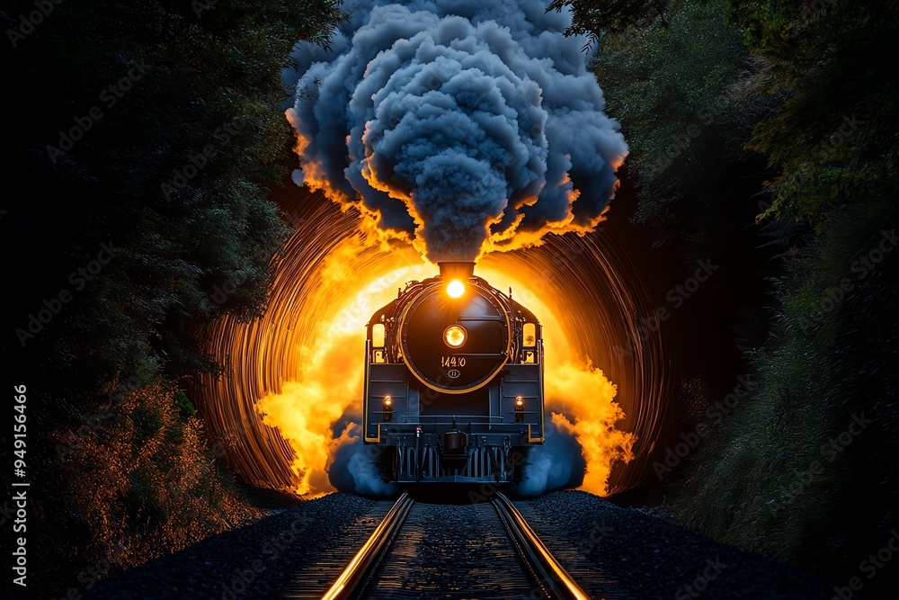 Steam train emerging from a tunnel, depicted in an artwork where the ...