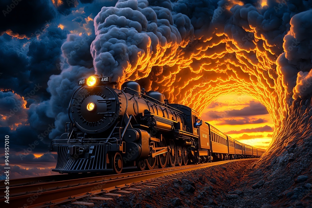 Steam train emerging from a tunnel, depicted in an artwork where the ...
