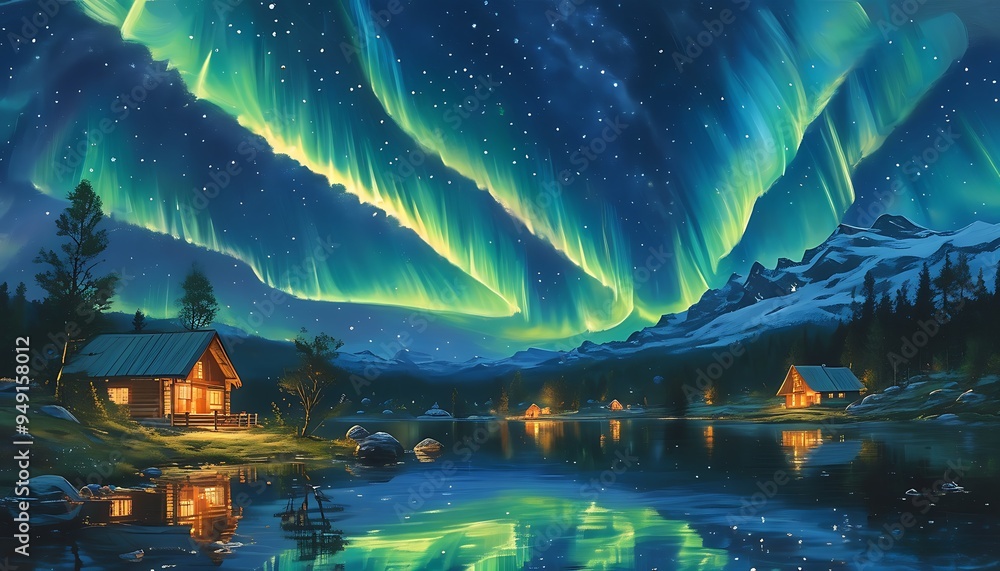 Under the stars, dazzling auroras dance in the night sky, green light ...