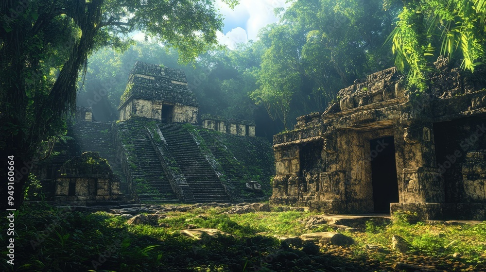 Ancient Mayan ruins in the jungle, with stone temples and carvings ...