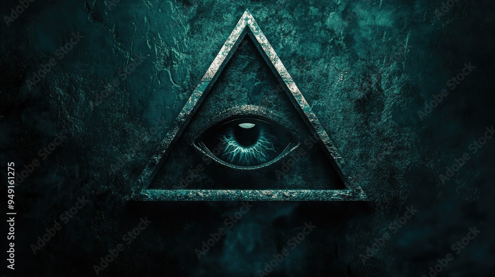 Illuminati eye symbol inside a triangle, set against a dark, mysterious ...