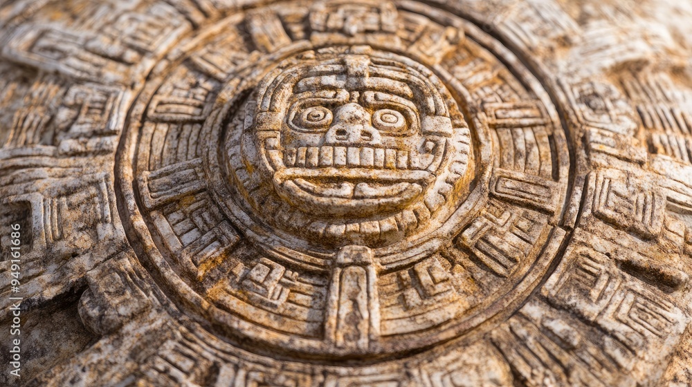 Intricate Maya calendar stone with detailed carvings, symbolizing the ...