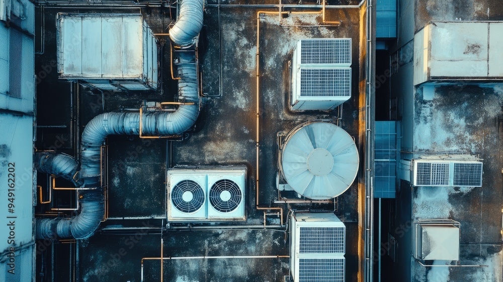 Rooftop HVAC systems and industrial equipment on a commercial building ...