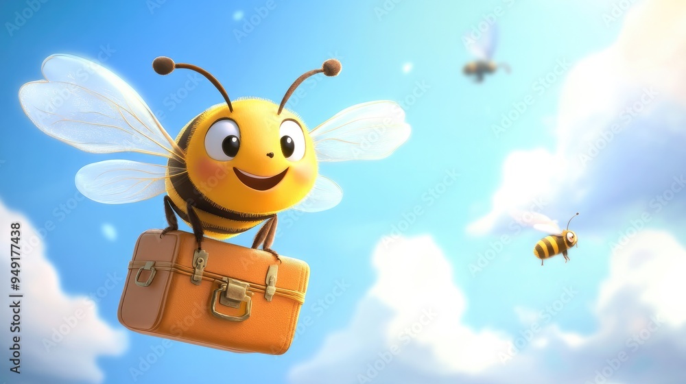 Cartoon bee with a tiny suitcase, flying off on a fun adventure. Stock ...