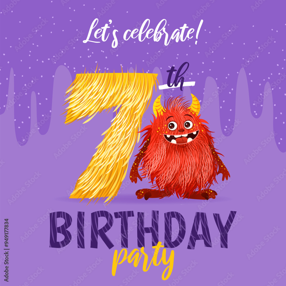 Birthday party invitation card with cartoon monster, hand drawn fluffy ...