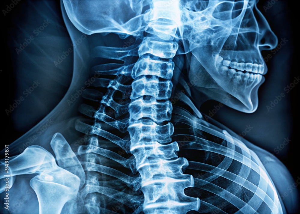 X-ray image of a severely fractured vertebra with compression deformity ...