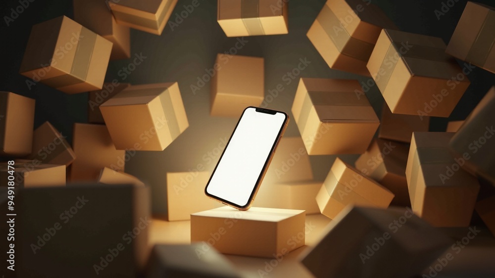 Blank Smartphone Amidst Cardboard Cosmos, A single smartphone with a ...