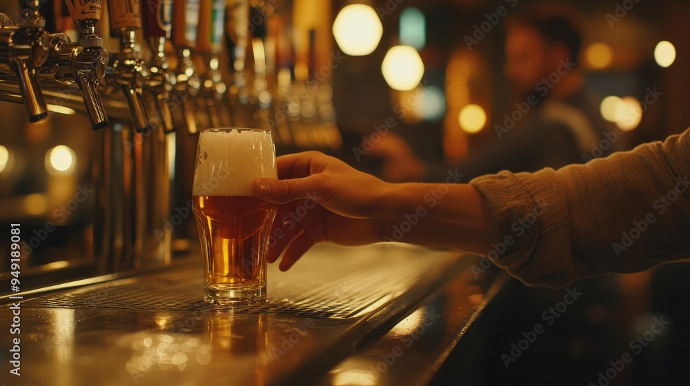 Hand reaching for a beer glass on a bar counter, with a bartender in ...