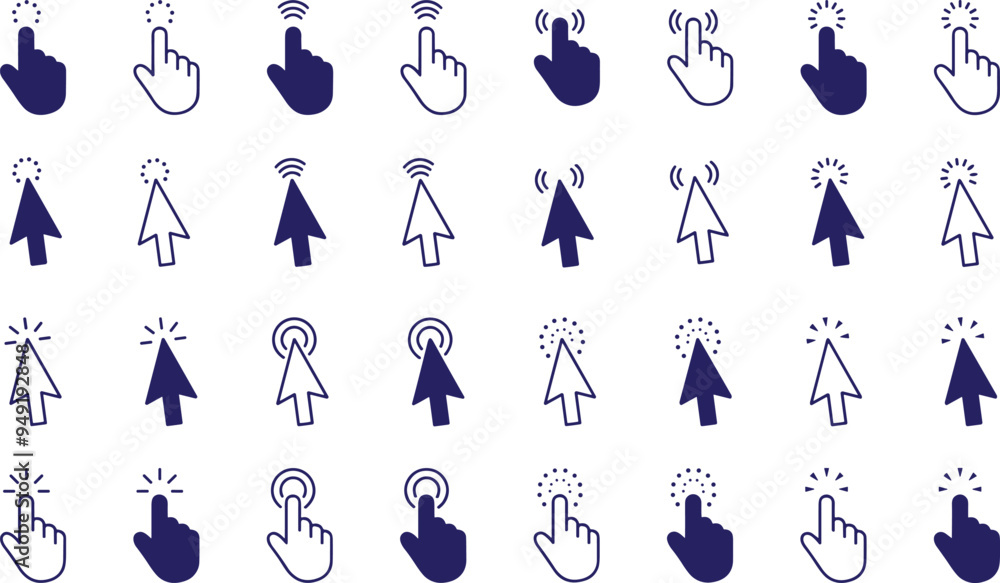 Cursor icons set in hand, arrow forms, mouse click cursor set, arrow and hand pointer Stock ...
