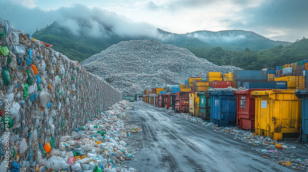 A landfill overflowing with plastic waste, juxtaposed with images of ...