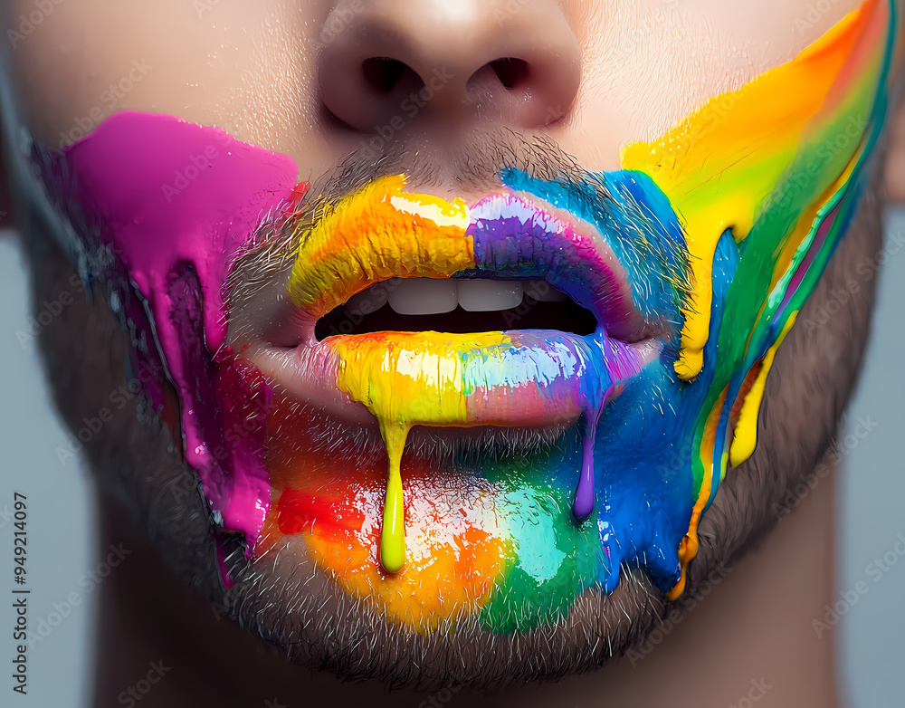 Man with vibrant paint on face and lips. Man's face with rainbow color ...
