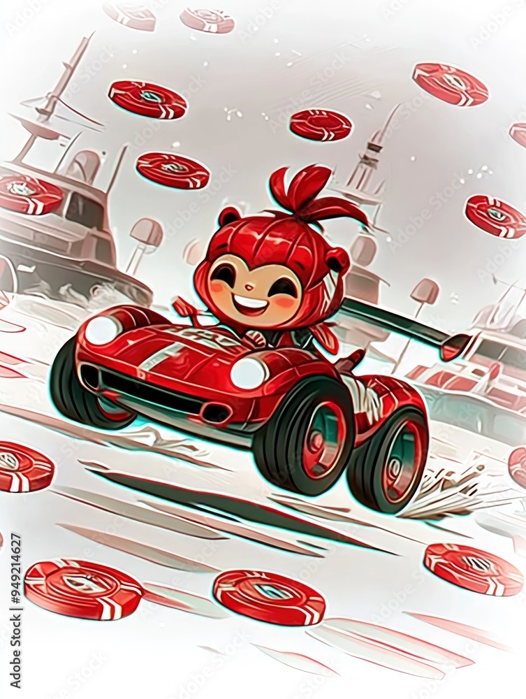 Cartoon Character Driving a Red Race Car With Casino Chips Falling From ...