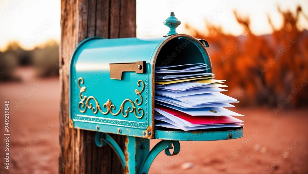 Vintage Teal Mailbox Overflowing with Letters in a Rustic Desert ...