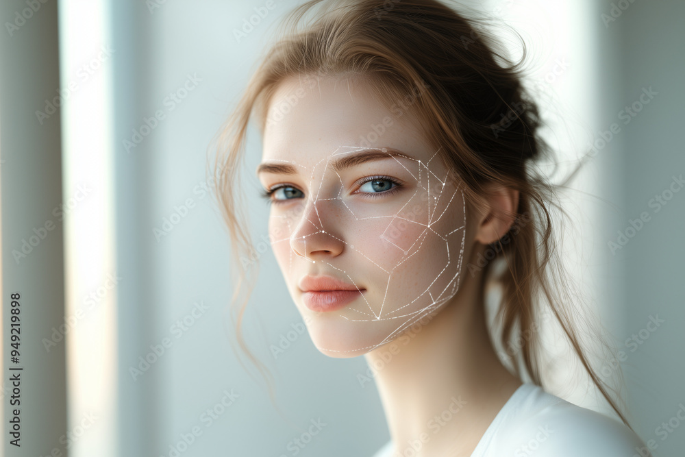White Woman's Face with Futuristic Facial Recognition Technology ...